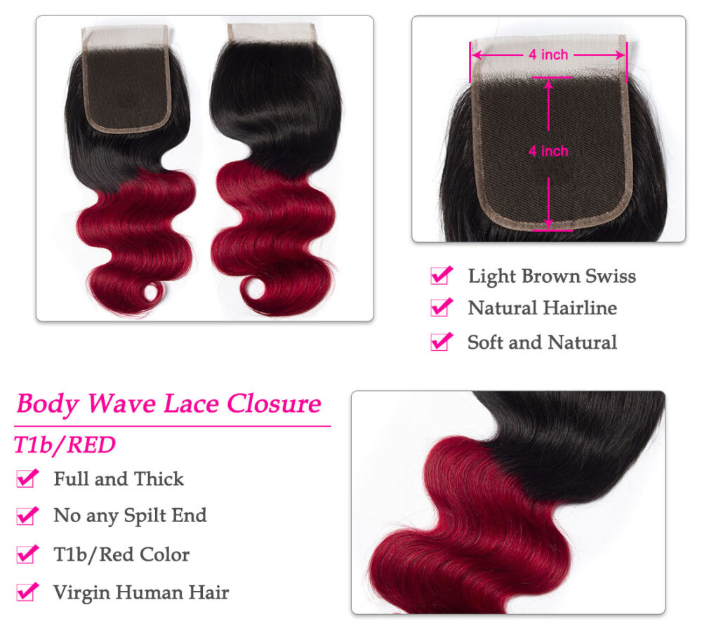 1B Red Body Wave 4x4 Lace Closure | Tinashe Hair