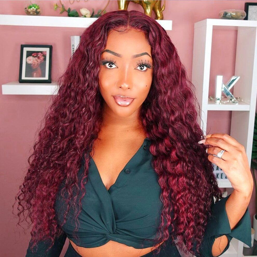 99J Burgundy Red Deep Wave 6x5 13x4 Lace Front Wig High 180% Density ...