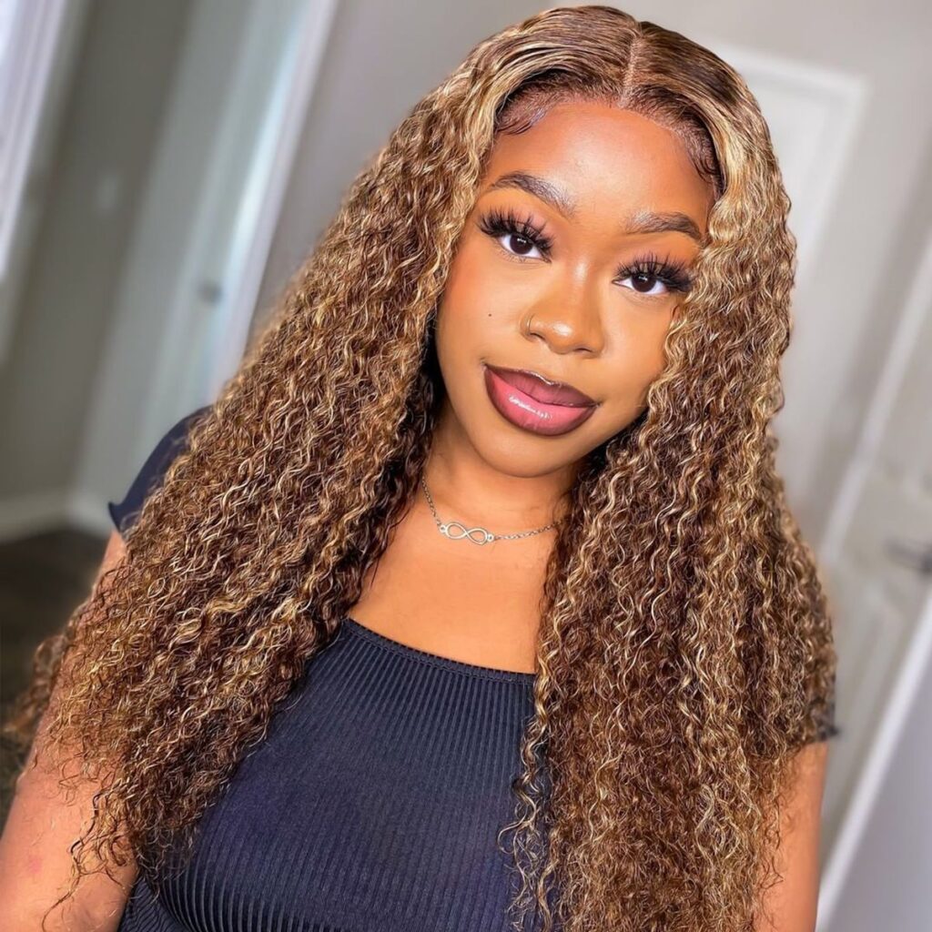 Highlight Honey Blonde Glueless Curly Wave Human Hair Lace Front Wigs ...