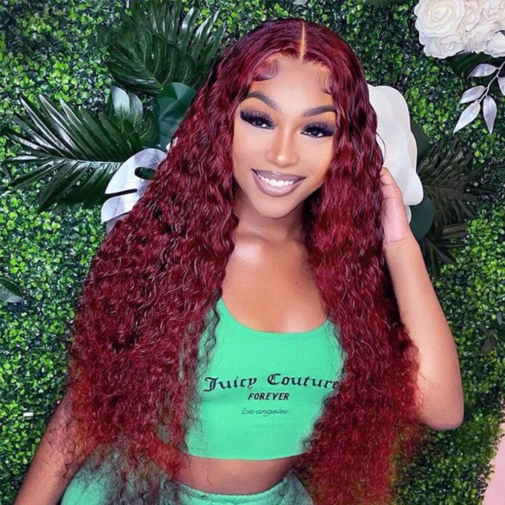 99J Burgundy Color Water Wave 6x5 13x4 Lace Front Wig 180% Density ...