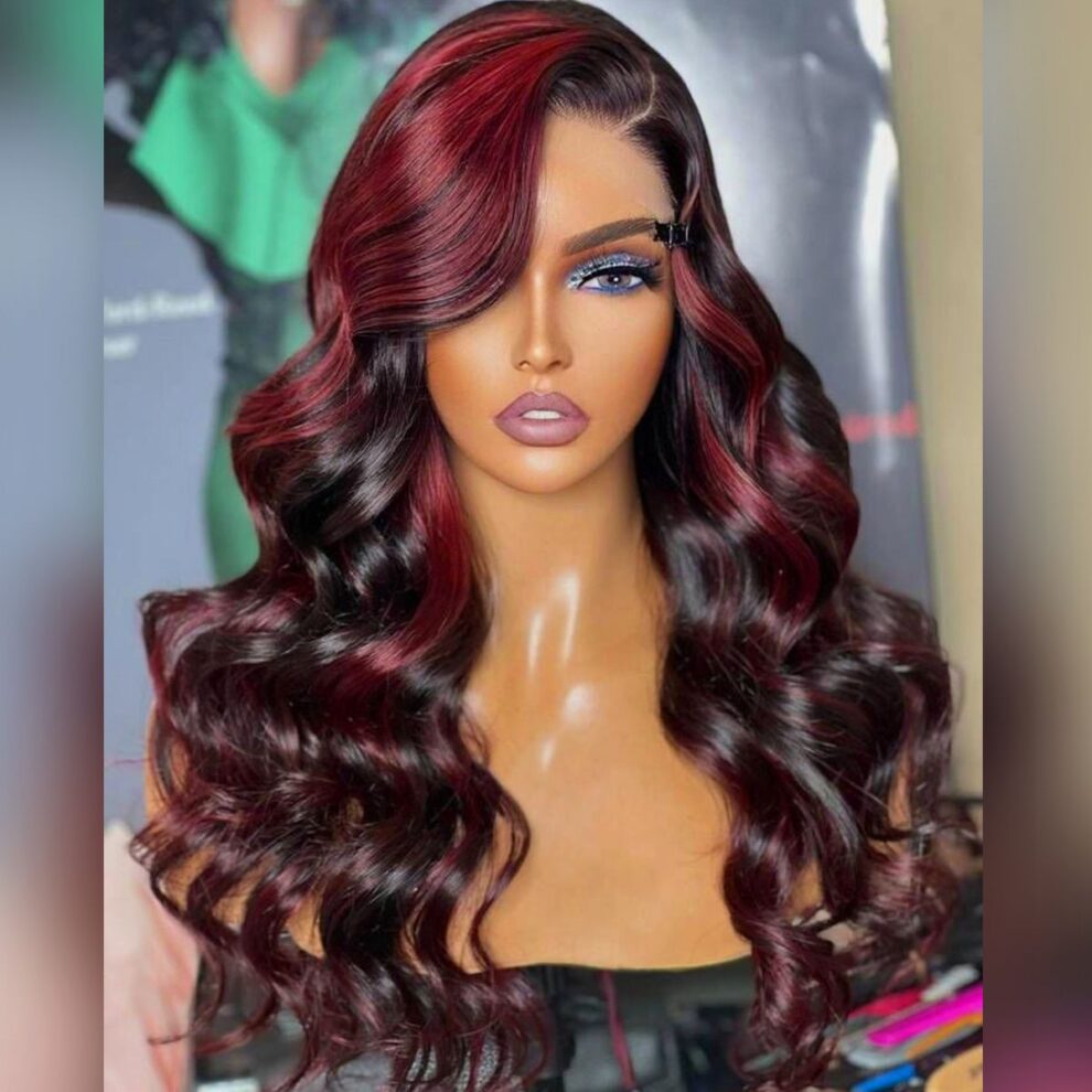 99J Burgundy Highlight Body Wave 13×4 Full Frontal HD Lace Wig ...