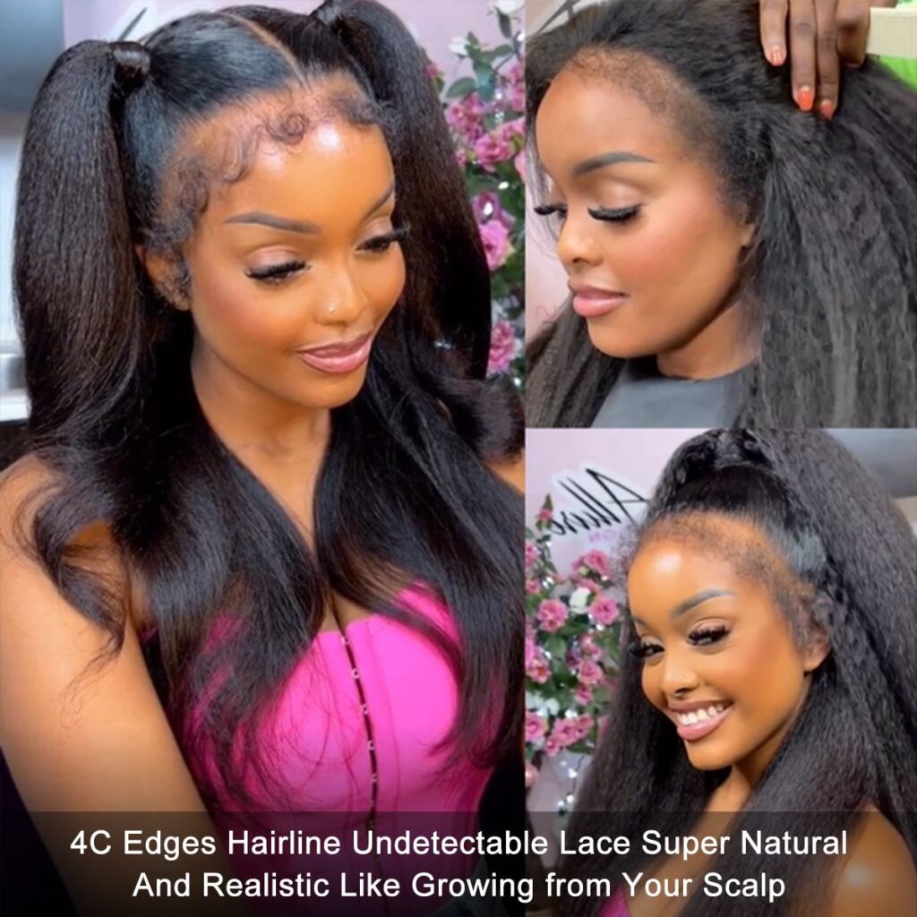 4C Edges Hairline Kinky Straight 13x4 Lace Front Wig Glueless Wig Super ...